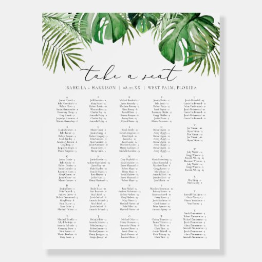 CORA Elegant Watercolor Palm Leaf Seating Chart Foam Board | Zazzle