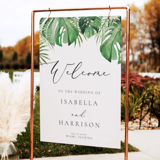 CORA Tropical Beach Palm Leaf Wedding Welcome Poster | Zazzle