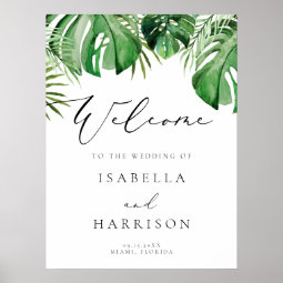 CORA | Tropical Beach Palm Leaf Wedding Welcome Poster | Zazzle
