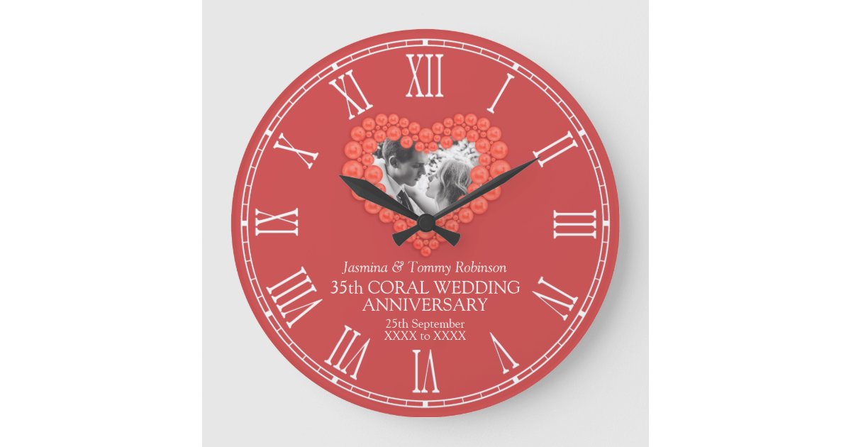 Coral 35th wedding anniversary custom photo large clock | Zazzle