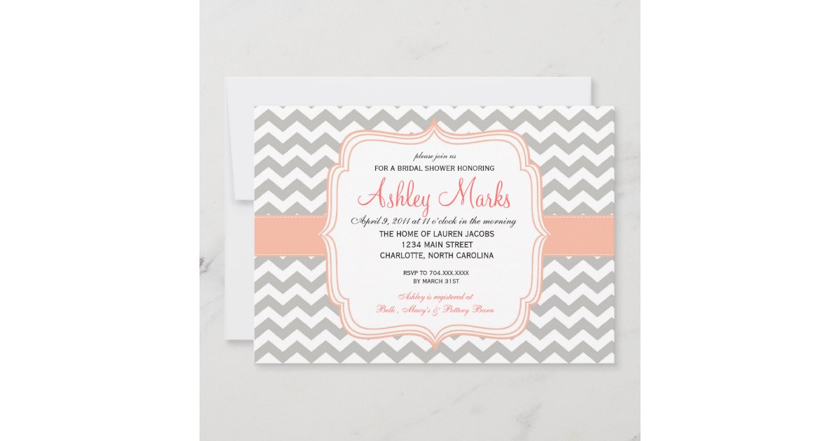 Coral and Grey Chevron Invitation | Zazzle