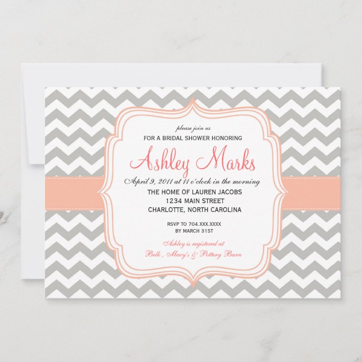Coral and Grey Chevron Invitation | Zazzle