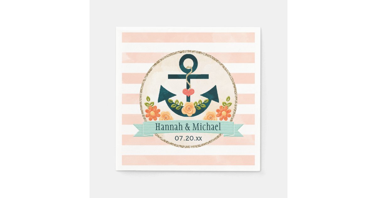 Coral and Navy Blue Nautical Anchor Wedding Paper Napkins | Zazzle