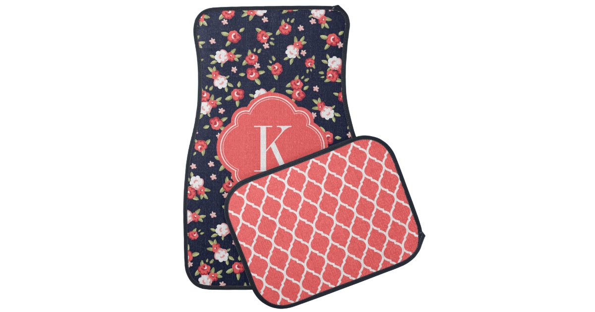Coral and Navy Chic Vintage Floral Print Monogram Car Mat | Zazzle