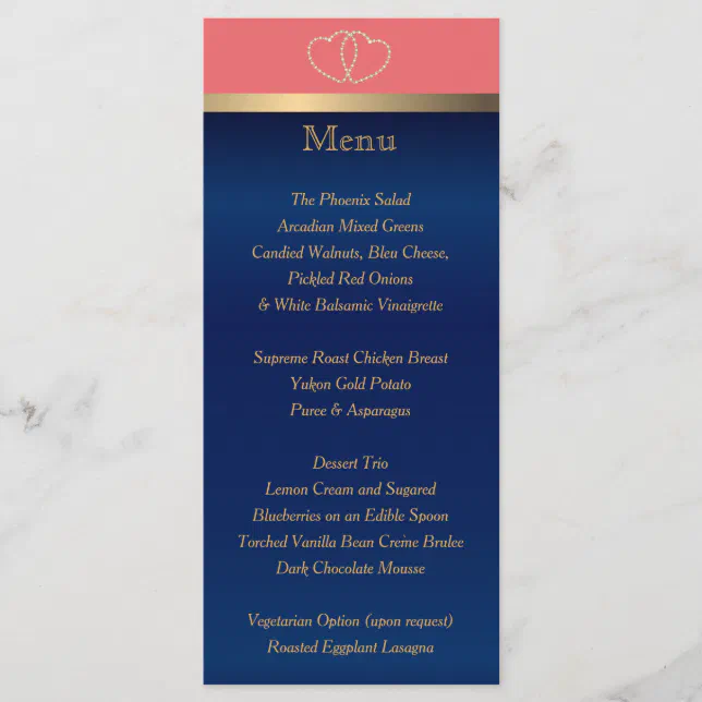 Coral and Navy Gold Hearts - Menu | Zazzle
