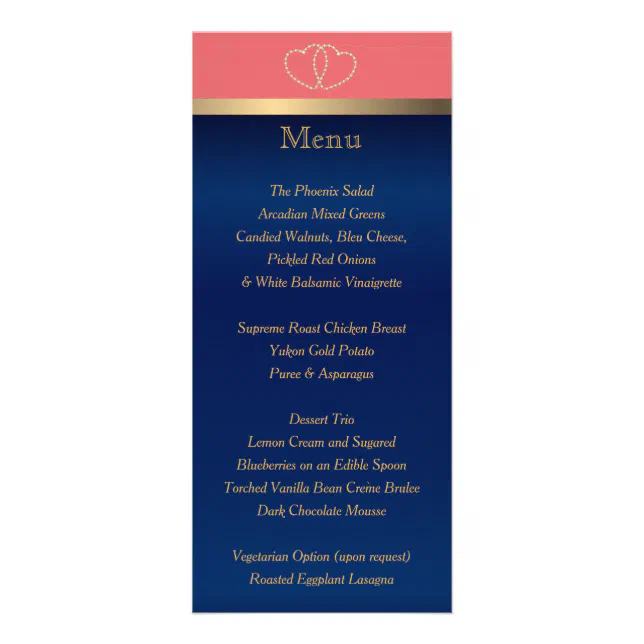 Coral and Navy Gold Hearts - Menu | Zazzle