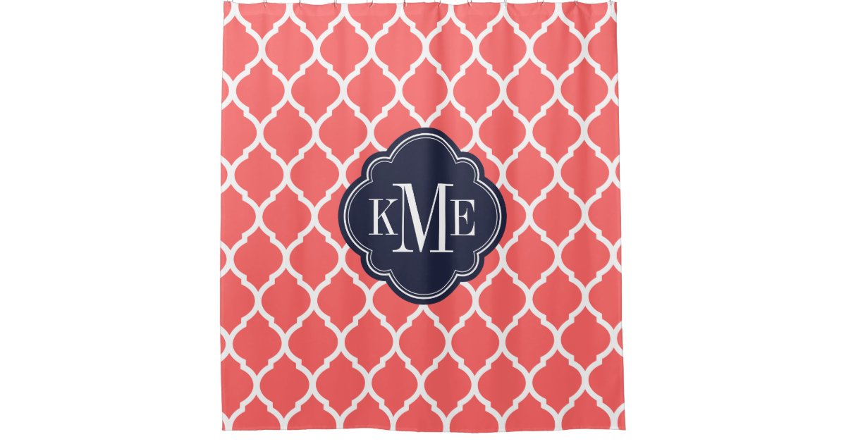 Coral And Navy Moroccan Quatrefoil Monogram Shower Curtain Zazzle