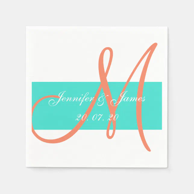 Coral and Turquoise Modern Wedding Paper Napkins | Zazzle