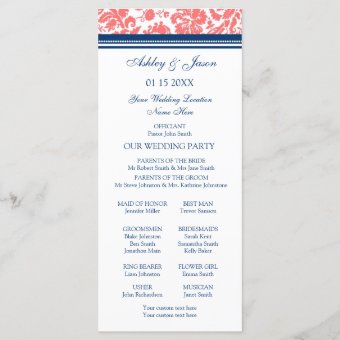 Coral Blue Damask Wedding Program | Zazzle