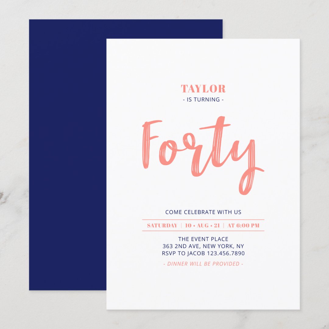 Coral & Blue Lettering Forty 40th Birthday Party Invitation | Zazzle