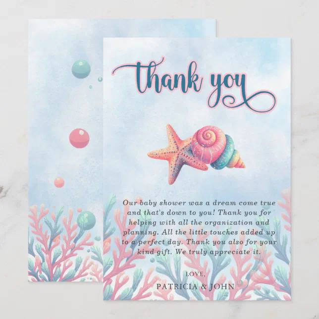 Coral Blue Under The Sea Marine Life Baby Shower Thank You Card | Zazzle