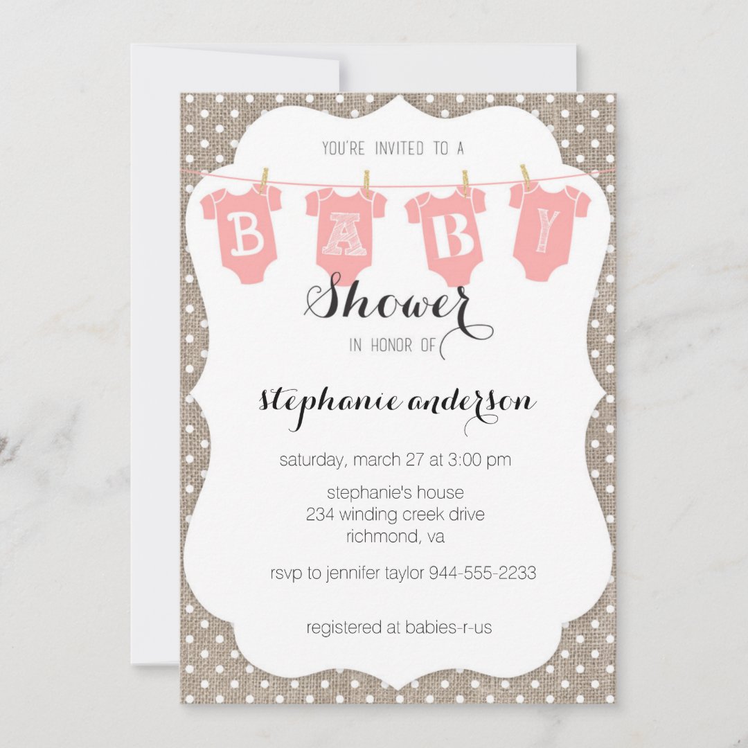 Coral & Burlap Dots Clothesline Baby Shower Invite | Zazzle