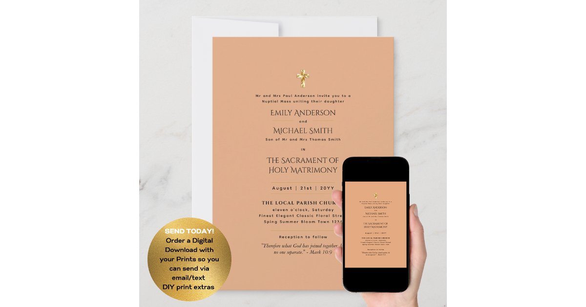 Coral Catholic Nuptial Mass Wedding Invitation | Zazzle