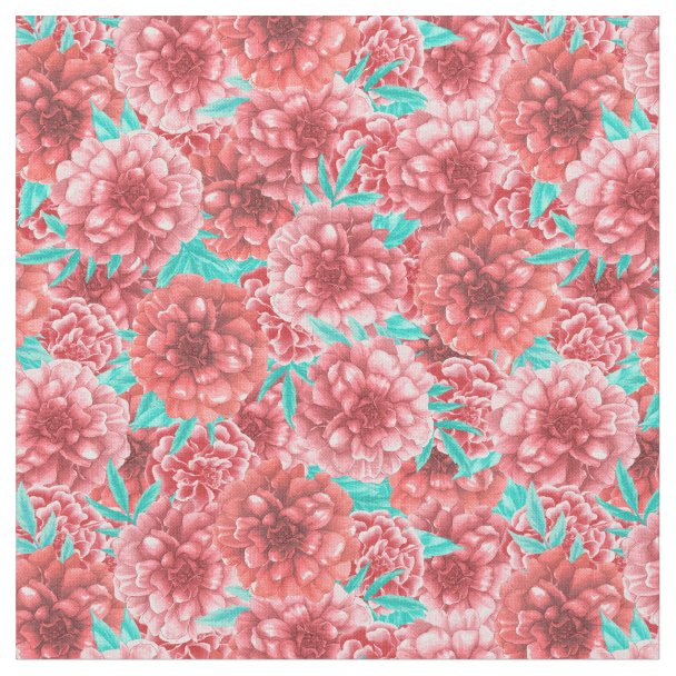 Turquoise and Coral Floral Pattern Fabric | Zazzle
