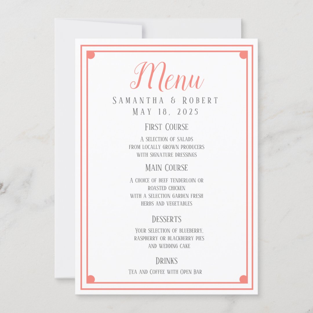 Coral Frame Minimalist Wedding Menu Selection Card | Zazzle