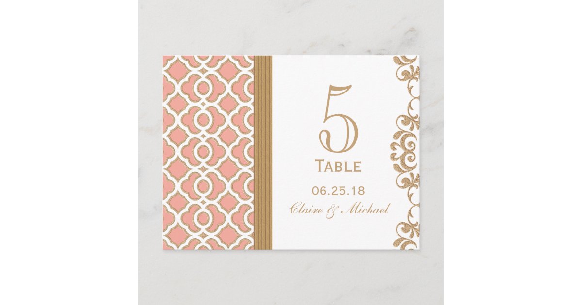 Coral Gold Moroccan Wedding Table Number | Zazzle