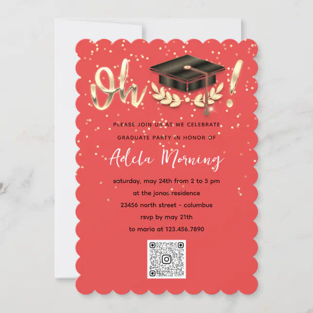 Coral Golden Confetti Graduate Party QR Code Invitation | Zazzle