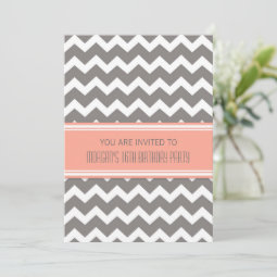 Coral Gray Chevron 16th Birthday Party Invitations | Zazzle