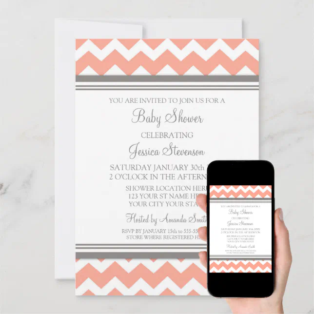 Coral Gray Chevron Custom Baby Shower Invitations | Zazzle
