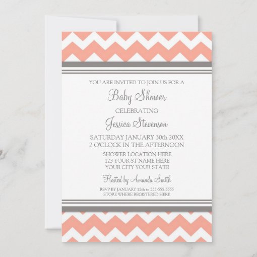 Coral Gray Chevron Custom Baby Shower Invitations | Zazzle