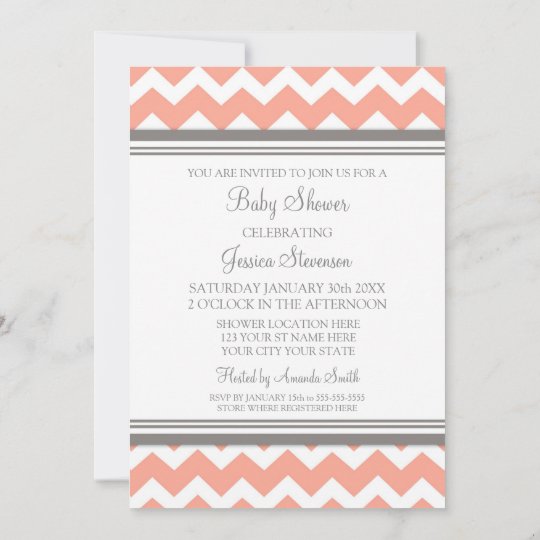 Coral Gray Chevron Custom Baby Shower Invitations | Zazzle.com