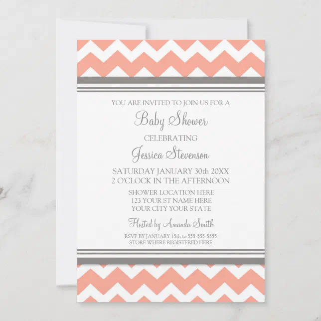 Coral Gray Chevron Custom Baby Shower Invitations | Zazzle