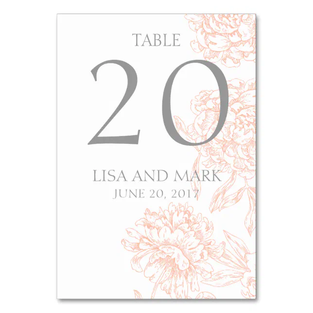 Coral Gray Floral Vintage Wedding Table Number | Zazzle