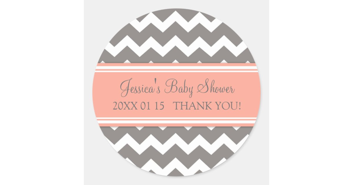 Coral Grey Chevron Baby Shower Favor Stickers | Zazzle