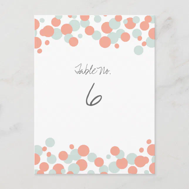 Coral & Mint Bubbles Confetti Table Number Cards | Zazzle
