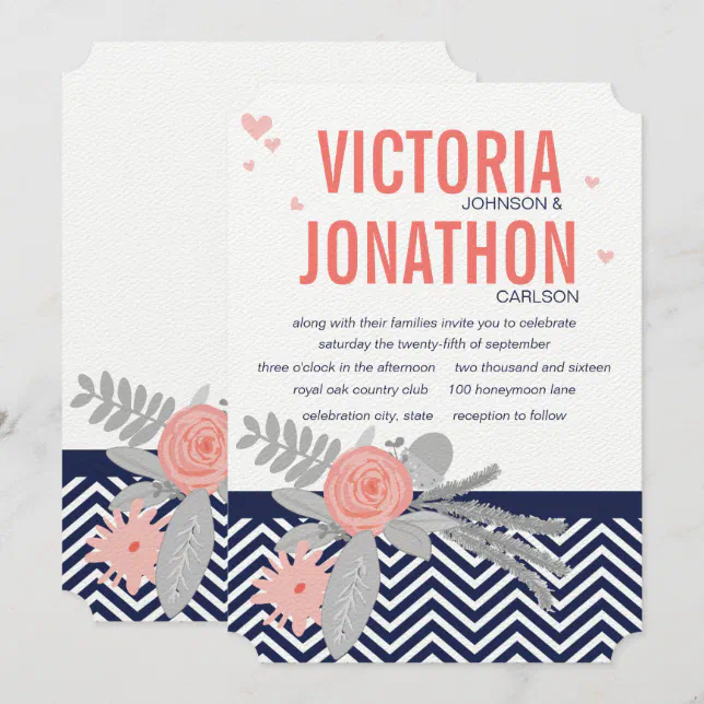 Coral Navy and Pink Zig Zag and Floral Wedding Invitation | Zazzle