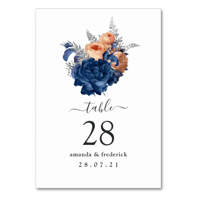 Coral, Navy and Silver Floral Wedding Table Number | Zazzle