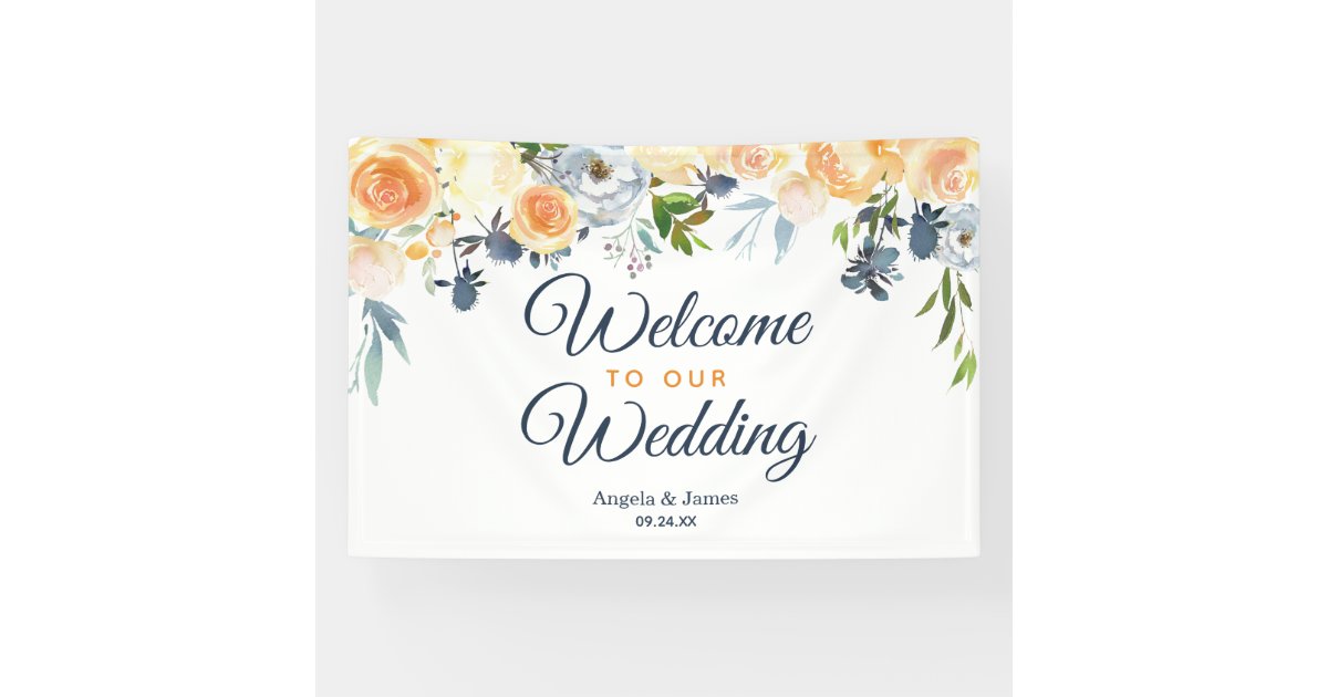 Coral Navy Blue Watercolor Floral Welcome Wedding Banner | Zazzle