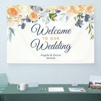 Coral Navy Blue Watercolor Floral Welcome Wedding Banner | Zazzle