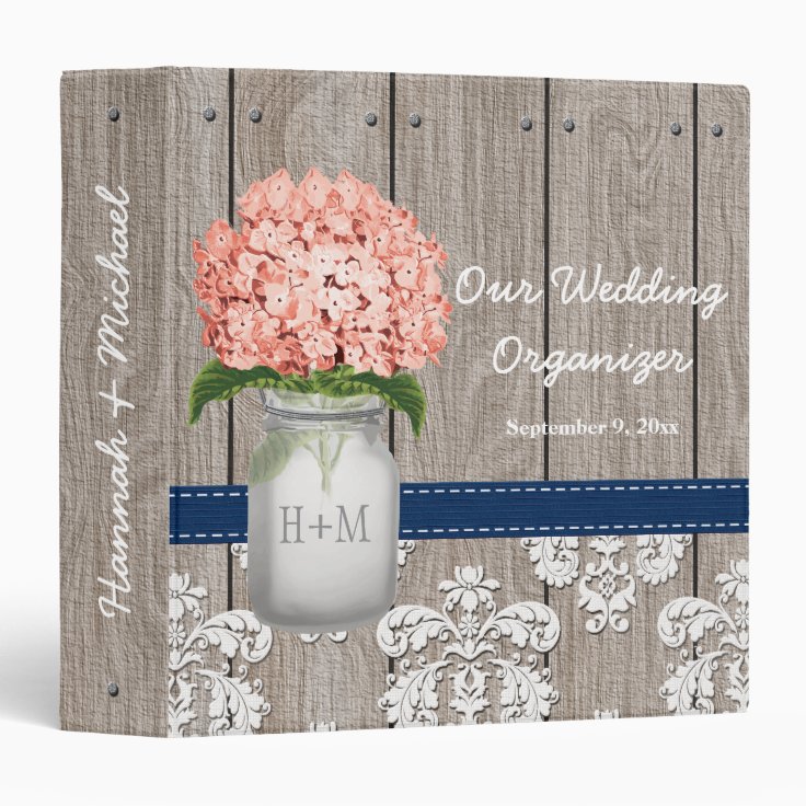 Coral Navy Hydrangea Mason Jar Wedding Planner Binder | Zazzle