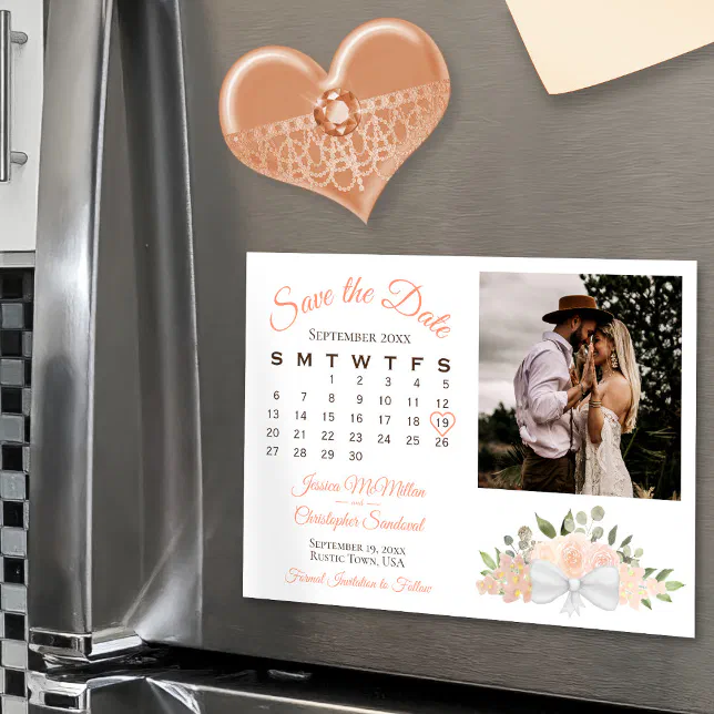 Coral Peach Floral Calendar & Photo Save the Date Magnetic Invitation ...