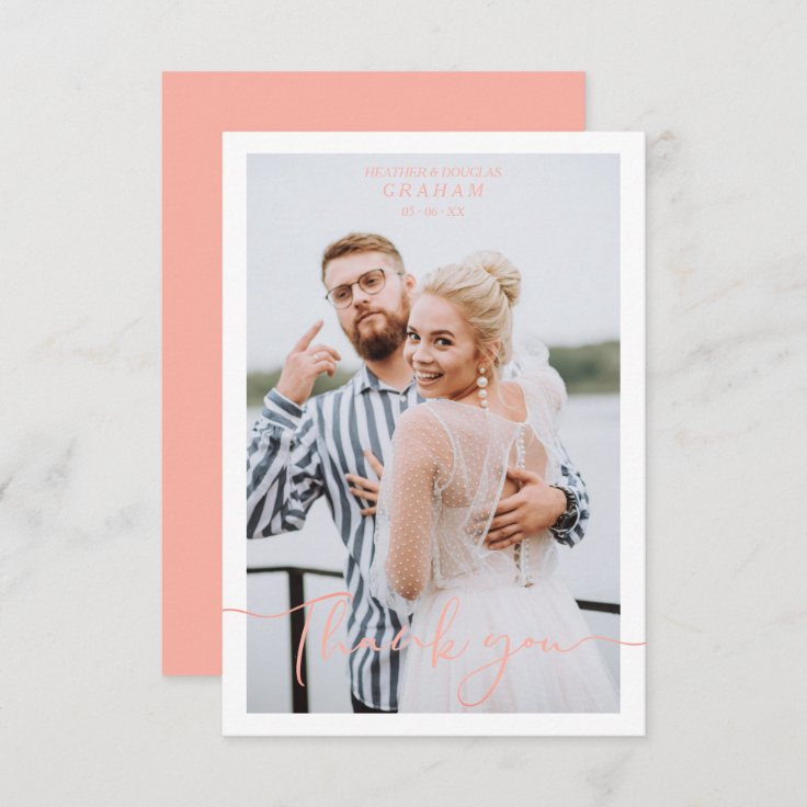 Coral Personalized Photo Wedding Whimsical Script Thank You Card | Zazzle