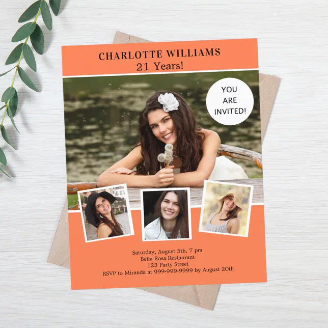Coral photo collage birthday invitation | Zazzle