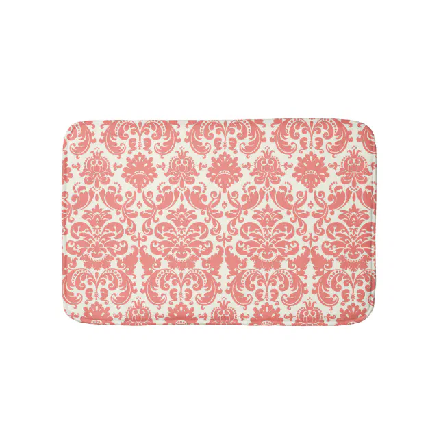 Coral Pink and Ivory Elegant Damask Pattern Bathroom Mat | Zazzle