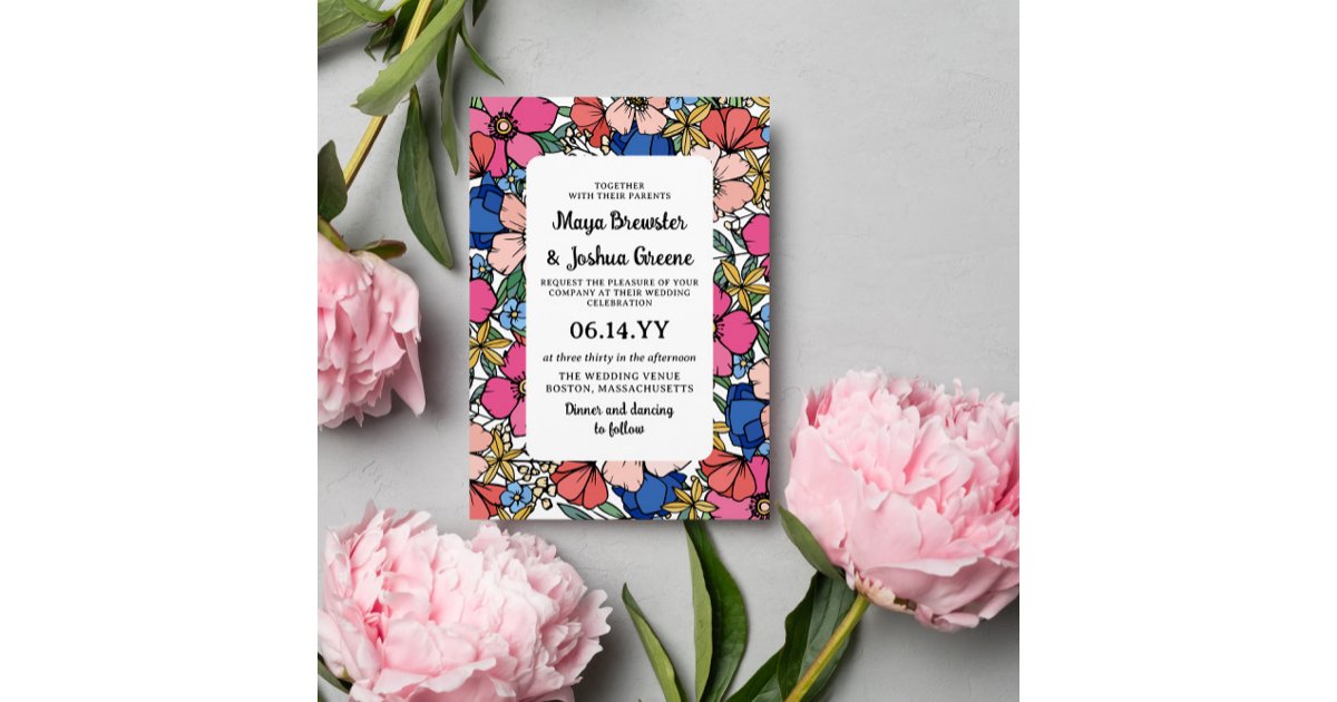 Coral Pink Blue Flowers Spring Summer Wedding Invitation | Zazzle