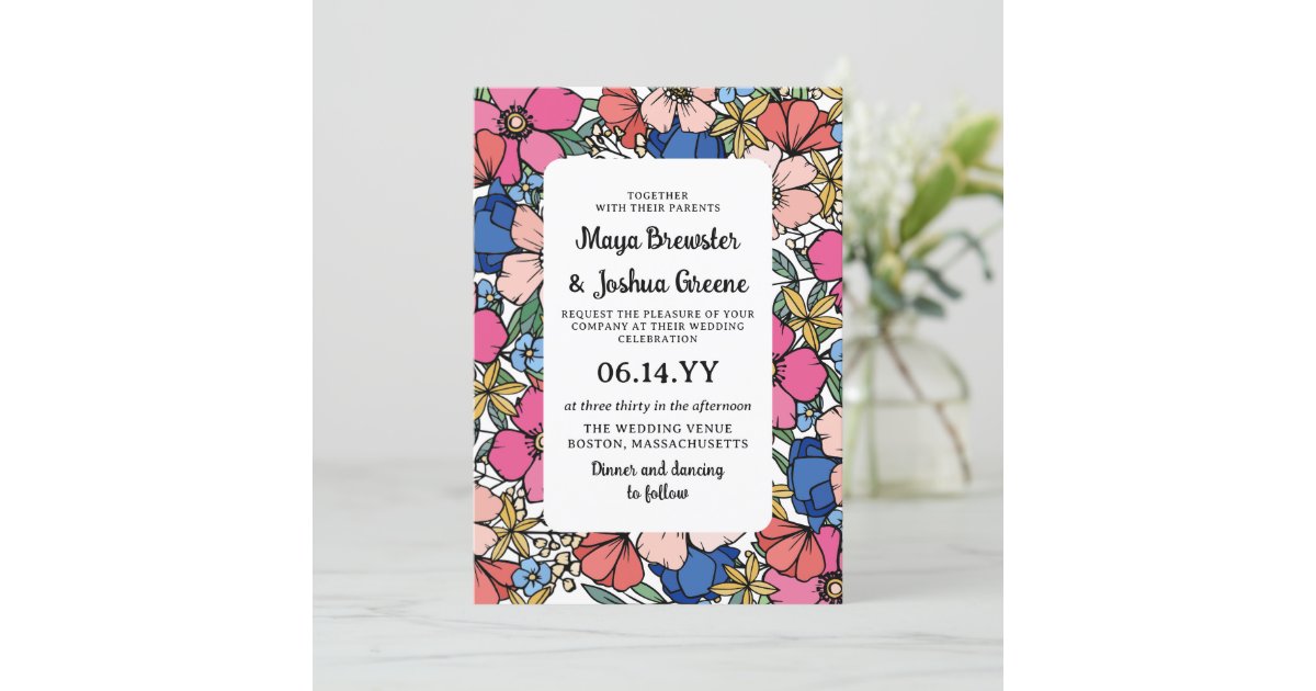 Coral Pink Blue Flowers Spring Summer Wedding Invitation | Zazzle
