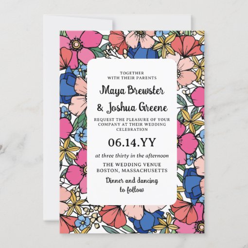 Coral Pink Blue Flowers Spring Summer Wedding Invitation | Zazzle