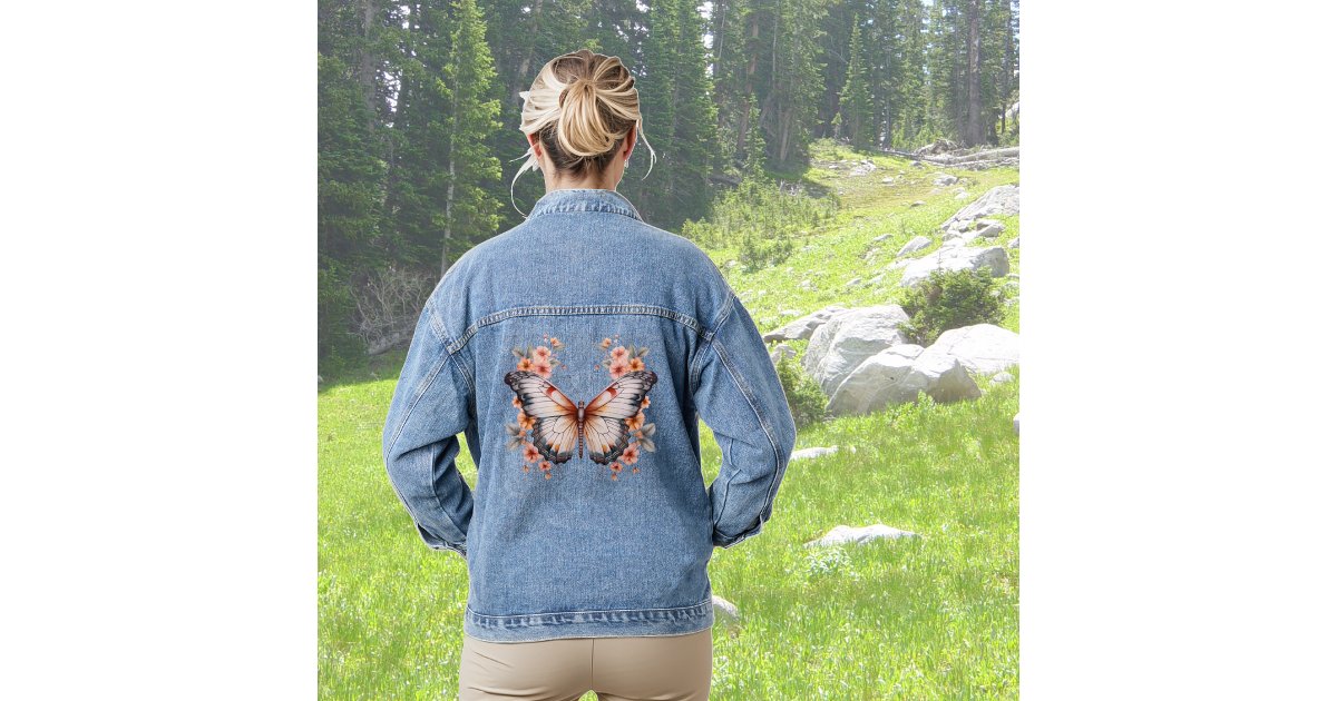 Coral Pink Floral Butterfly Denim Jacket | Zazzle