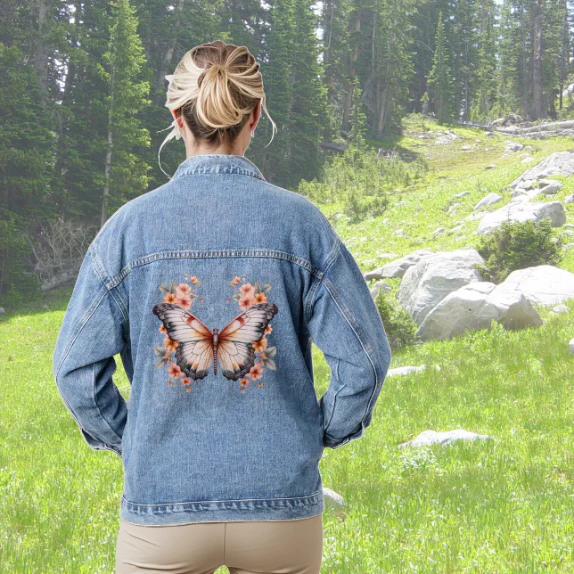 Coral Pink Floral Butterfly Denim Jacket | Zazzle
