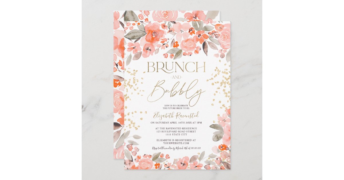Coral Pink Gold Glitter Floral Chic Bridal Shower Invitation Zazzle