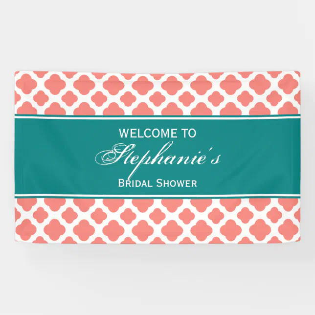 Coral Pink Quatrefoil Pattern With Teal Bridal Banner Zazzle