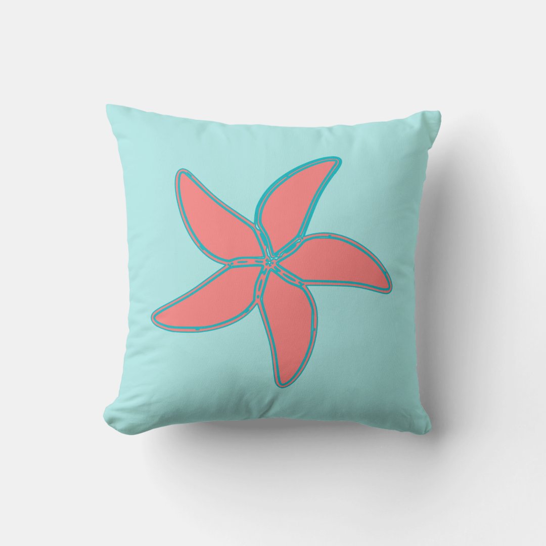Coral Pink Starfish Light Turquoise Throw Pillow | Zazzle