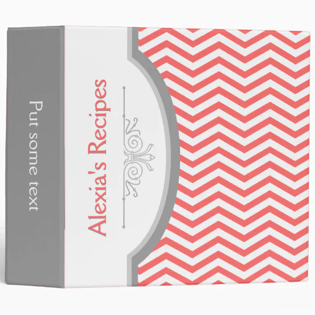 Coral pink, white chevron with frame recipe binder | Zazzle