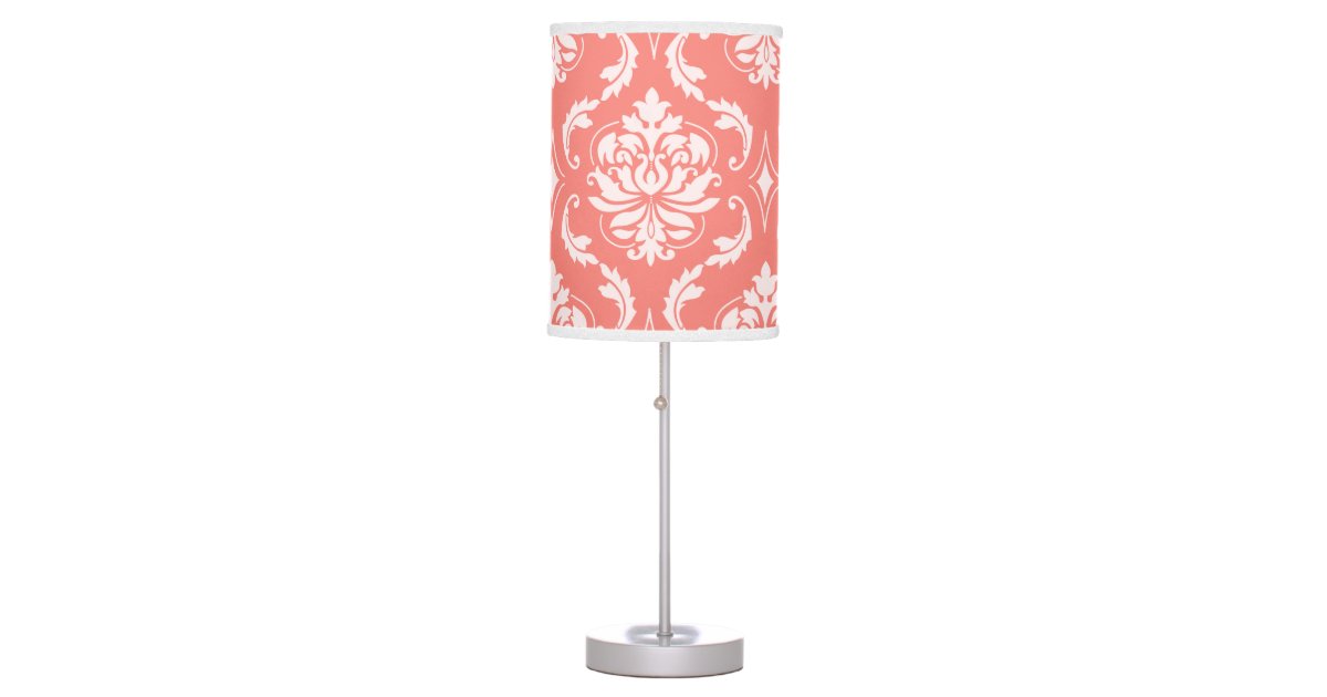 Coral Pink White Classic Damask Pattern Table Lamp | Zazzle