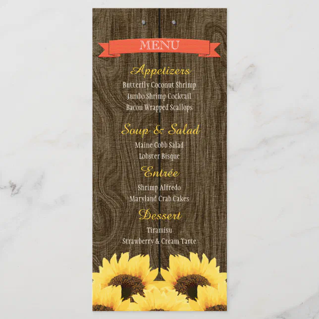 CORAL RUSTIC SUNFLOWER MENU CARD | Zazzle