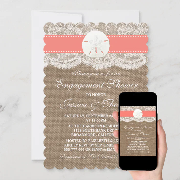 Coral Sand Dollar Beach Engagement Shower Or Party Invitation | Zazzle
